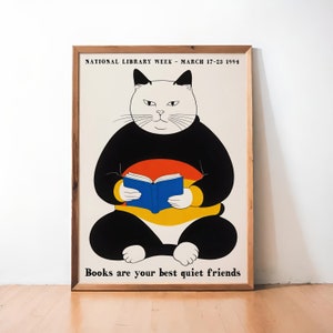 1994 National Library Week Poster: Cat Reading Book Art - Etsy