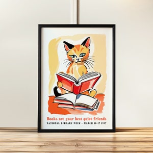 1997 BOOK READING POSTER Library Cat Books Lover Teacher Gift Idea Mid ...