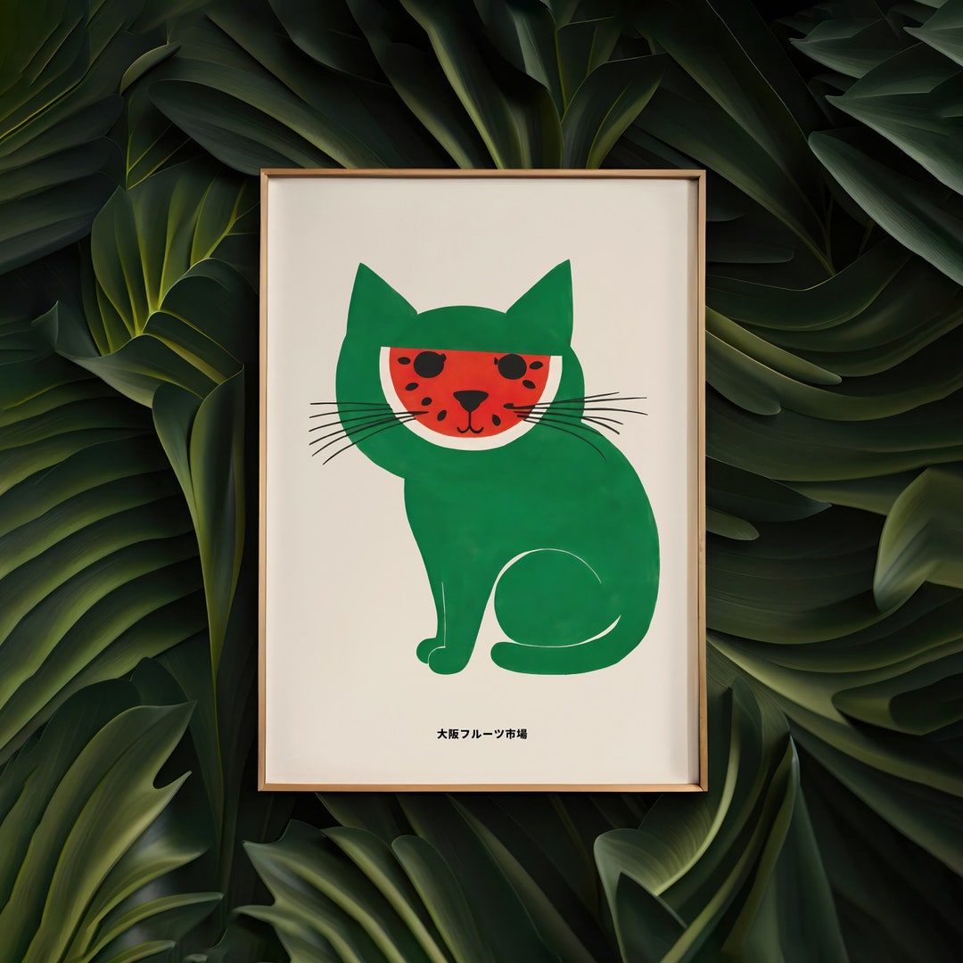 Watermelon Cat QUIRKY POSTER Japanese Art Reproduction Whimsical Wall ...
