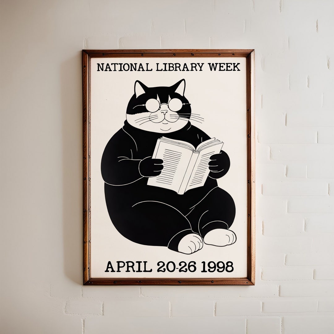 National Library Week Poster | Retro Cat Reading Book Illustration ...