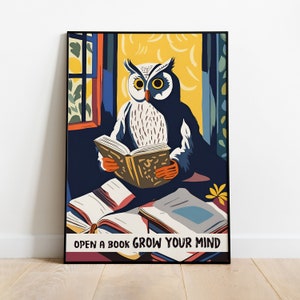 Reading Quote Poster Open a Book Grow Your Mind Owl Giclee Linocut Art ...