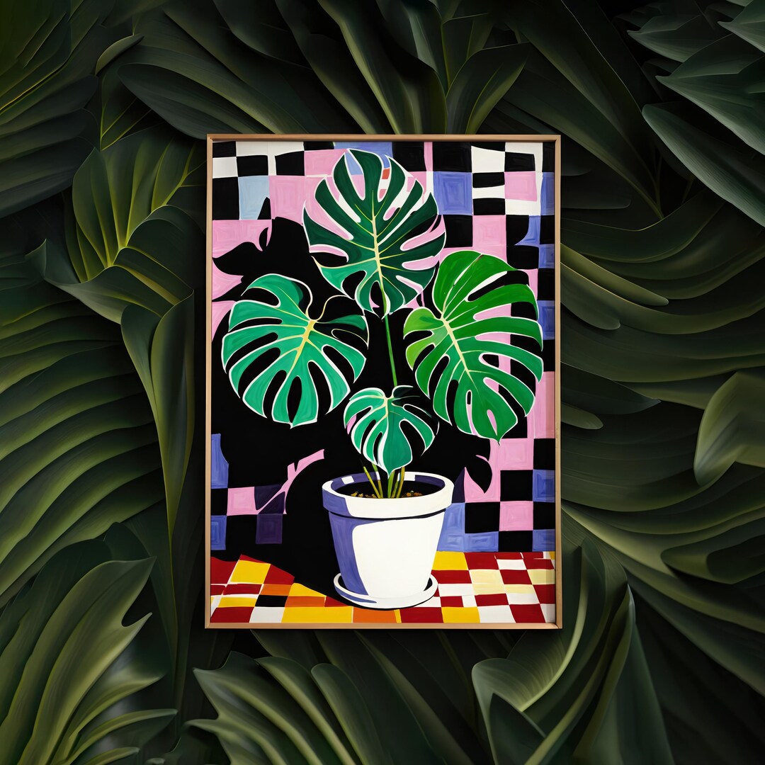 Monstera Deliciosa Art Print - Bold Abstract Checkered Background ...