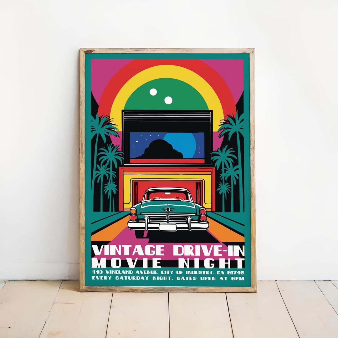 Drive-in Movie Night Poster | Retro 1950s Car Cinema Art Print | Mid ...