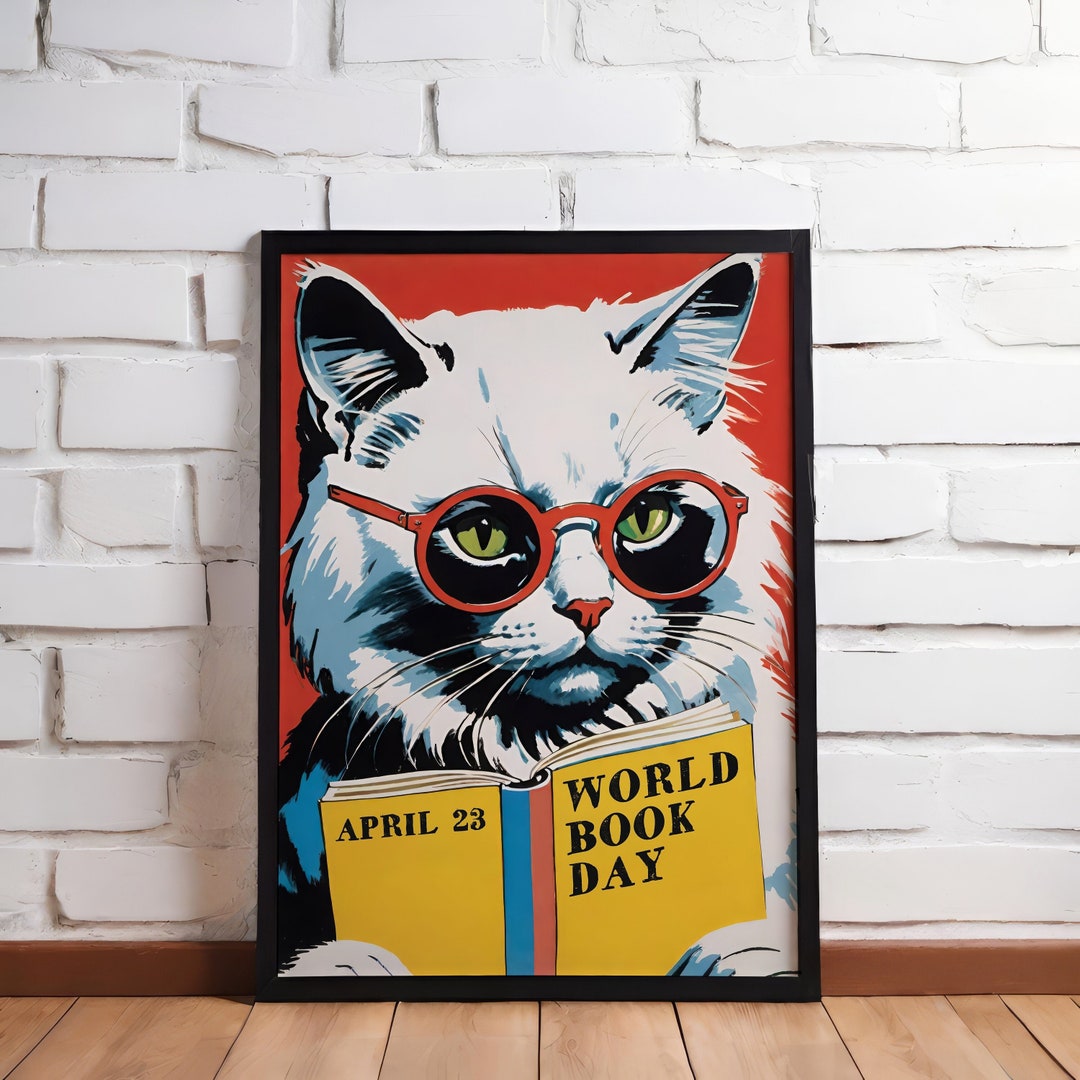 World Book Day Poster - Quirky Cat With Glasses Reading a Book, Vibrant ...