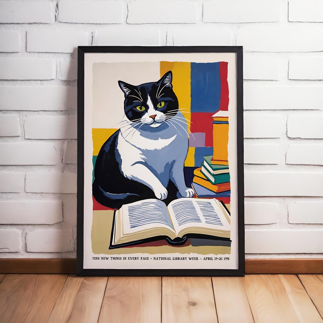 National Library Week Poster With Cat and Books Illustration - Retro ...