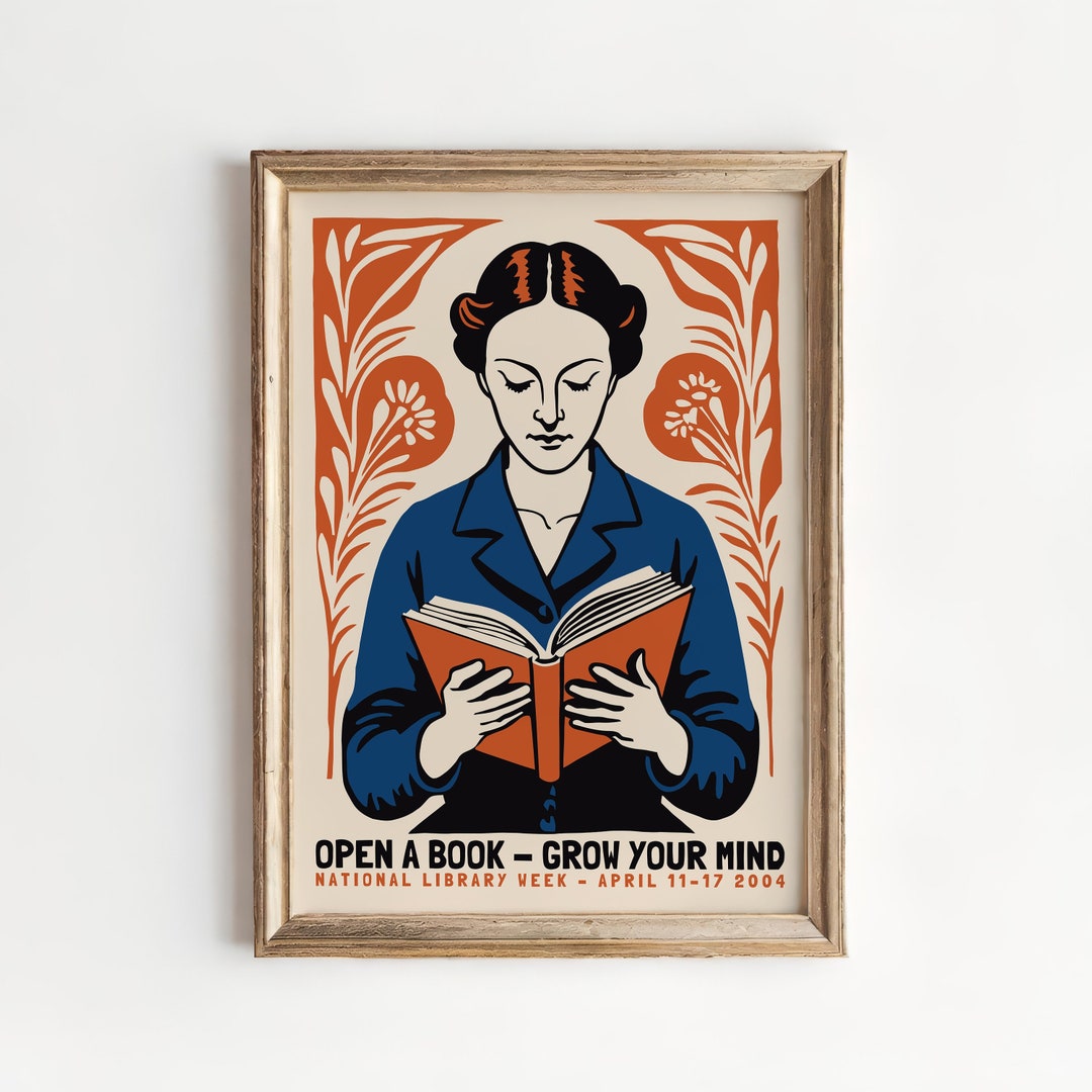 Vintage Library Week Poster - Inspirational Book Quote - Woman Reading ...