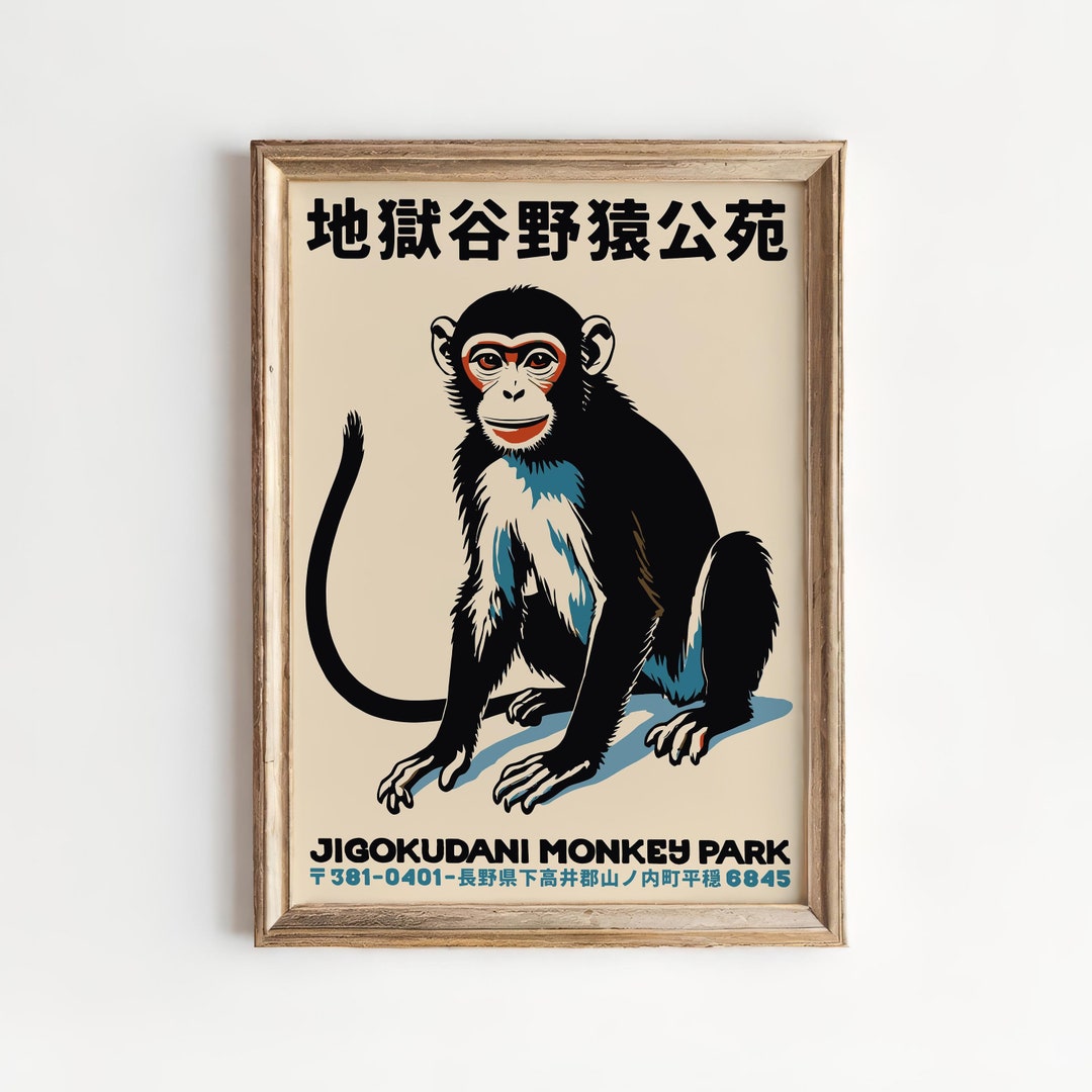 Japanese Monkey Park Poster | Snow Monkey Retro Wall Art | Mid-century ...