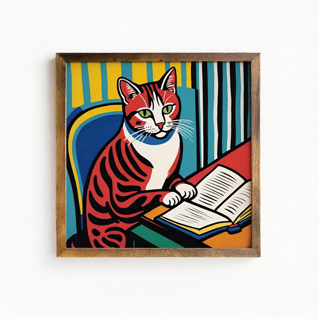 Cat Reading a Book Poster – Wall Art for Cat Lovers, Modern Home Decor ...