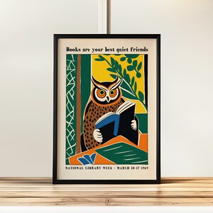 RETRO READING POSTER - Owl Giclee Linocut Art Print Vintage Books Quote ...