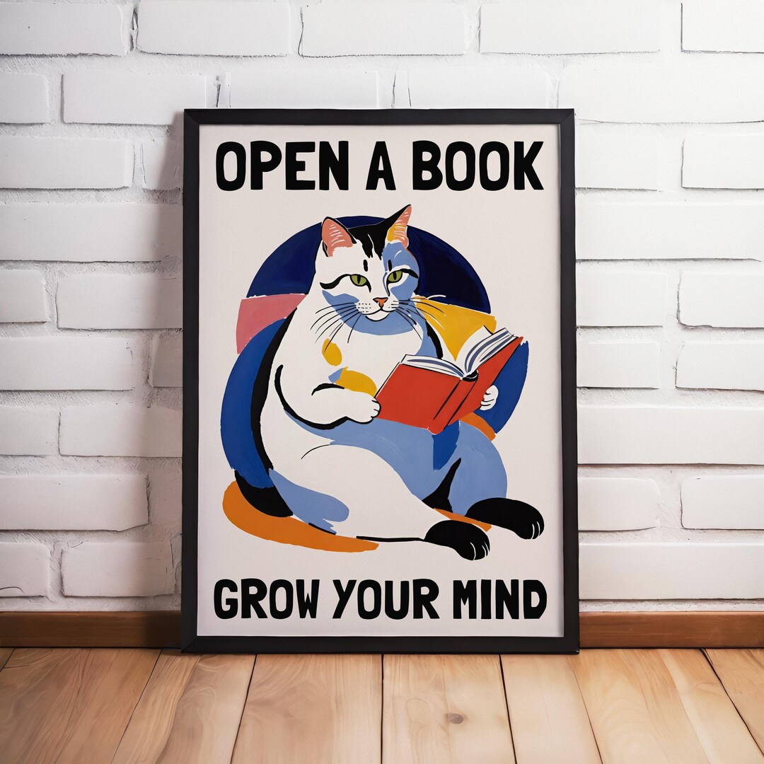 Open A Book Grow Your Mind Poster - Colorful Reading Cat Illustration ...