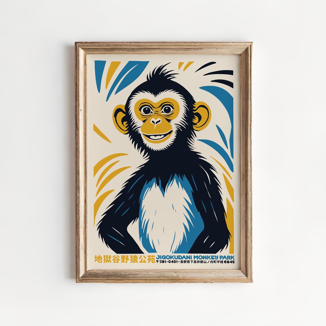 Japanese Monkey Park Poster - Vintage Whimsical Animal Wall Decor Print ...