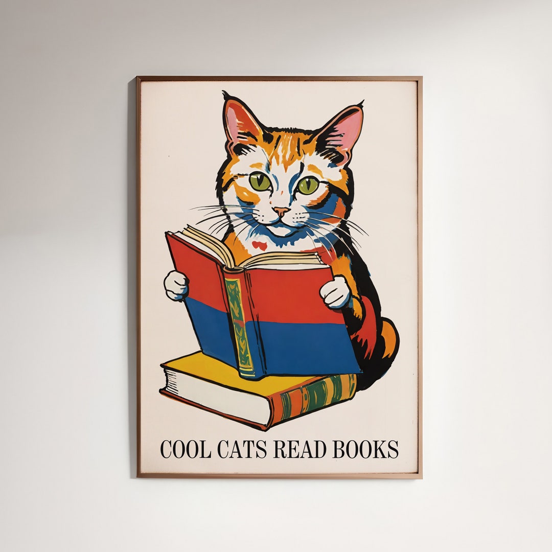 Cool Cats Read Books - Quirky Cat Reading Book Poster, Literary Art for ...
