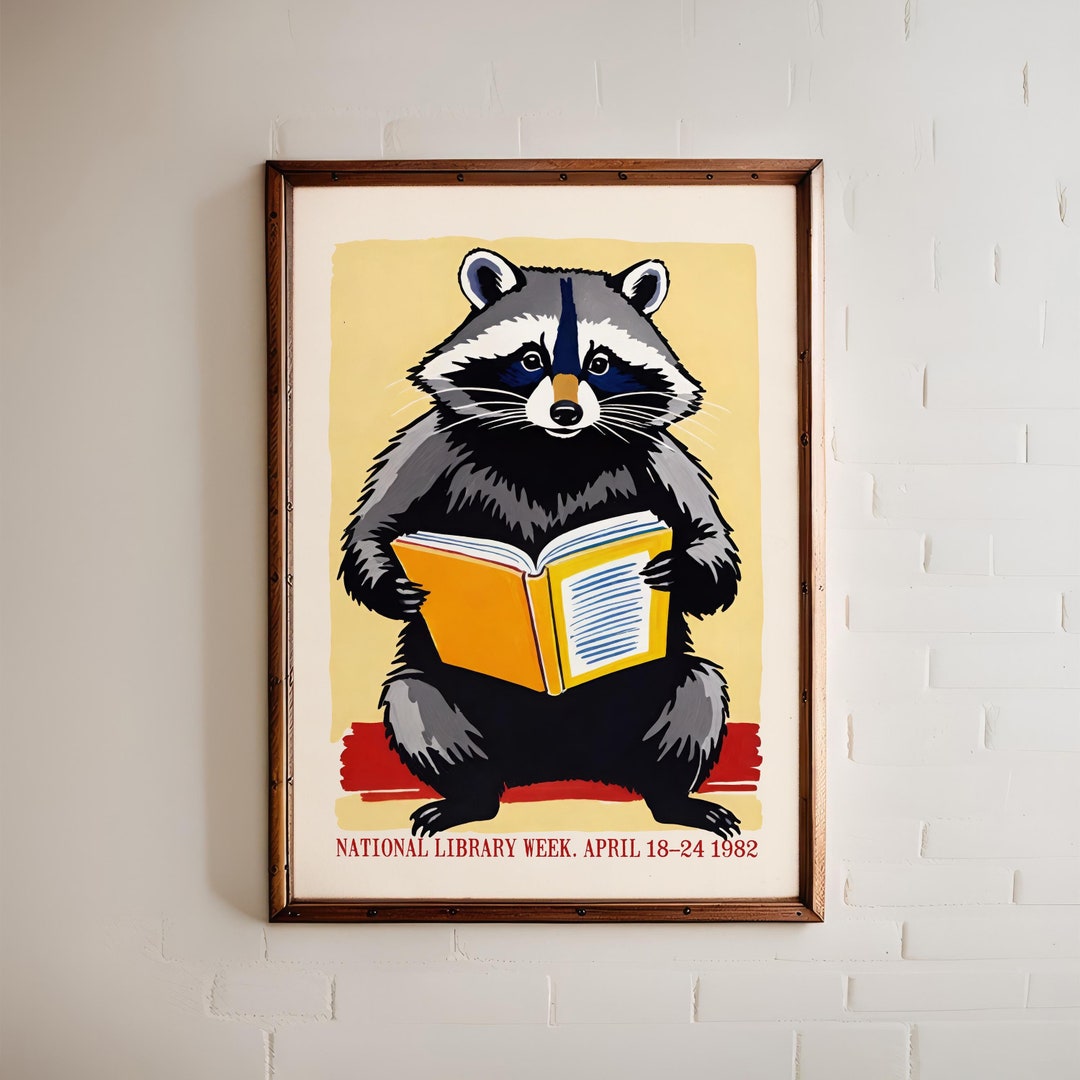 National Library Week Poster 1982 | Retro Raccoon Reading Book Print ...