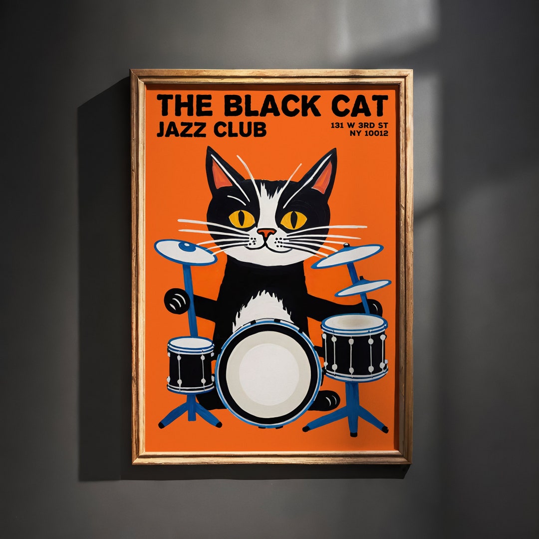 Black Cat Jazz Club Poster: Drumming Cat Art Print - Etsy