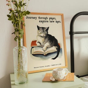 Vintage BOOK READING POSTER - Library Cat Books Lover - Teacher Gift ...