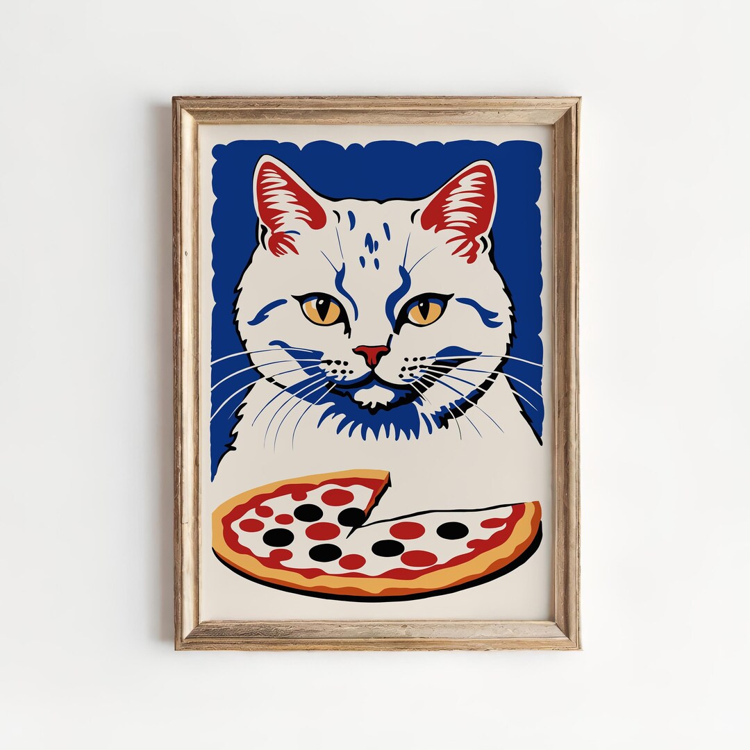 Pop Art Cat and Pizza Poster - Retro Wall Art Print - Whimsical Cat ...