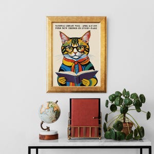 National Library Week 1999 Poster - Retro Cat With Glasses Reading Book ...