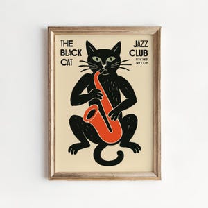 Vintage Jazz Cat Poster Print - the Black Cat NYC Wall Art - Mid ...