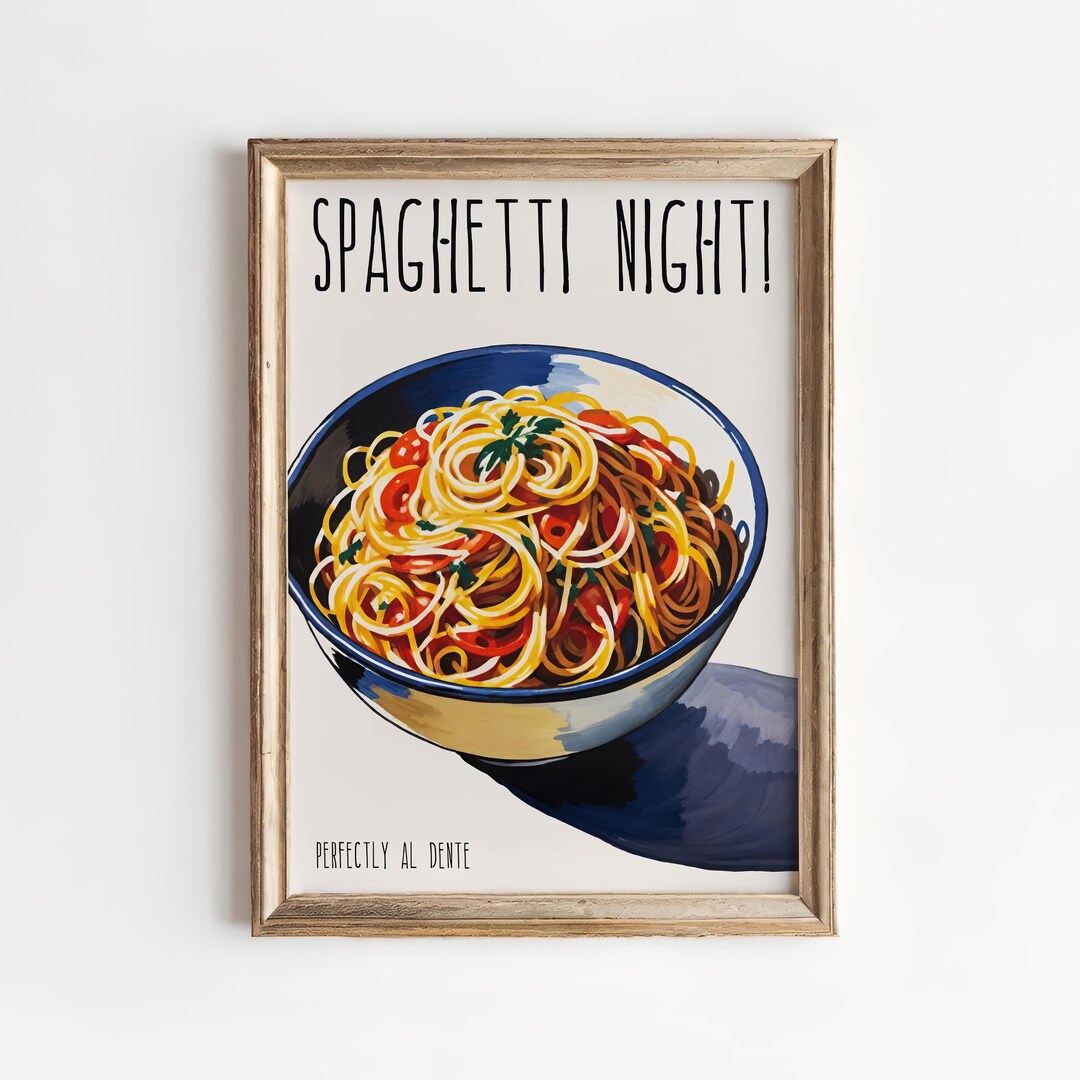 Spaghetti Night Poster - Pasta Art Print - Italian Cuisine Kitchen ...