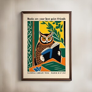 RETRO READING POSTER - Owl Giclee Linocut Art Print Vintage Books Quote ...