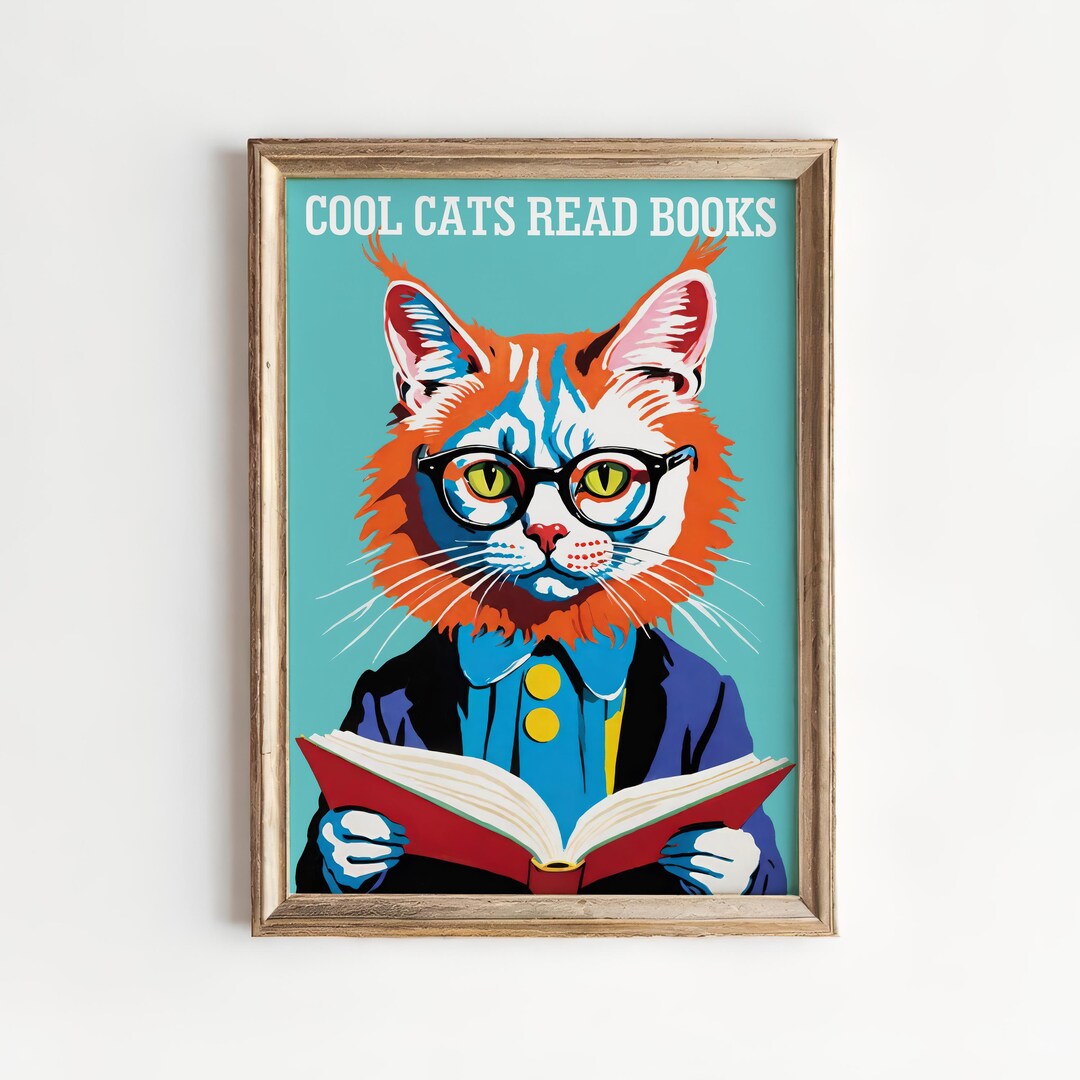 Retro Cat Reading Art Print: Quirky Book Lover Gift - Etsy