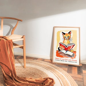 1997 BOOK READING POSTER Library Cat Books Lover Teacher Gift Idea Mid ...