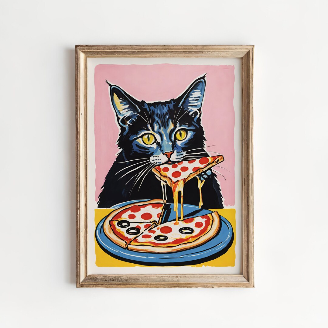 Cat & Pepperoni Pizza Art Print: Quirky Kitchen Decor - Etsy