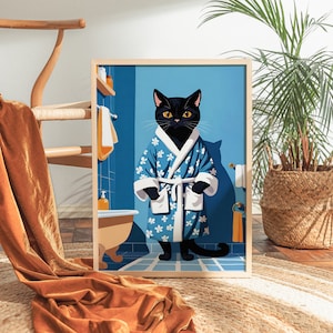 Whimsical Black Cat in Bathrobe, Blue Bathroom Wall Art, Feline Art ...