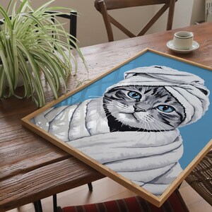 Cozy Cat Spa Day Poster - Charming Tabby Cat in Towel Art Print ...