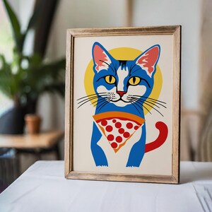 Pop Art Cat Poster With Pizza Slice - Cat Wall Art - Modern Unique Cat ...