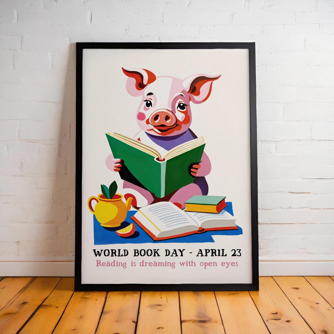 World Book Day Poster – Adorable Pig Reading, Literary Art Print, Book ...
