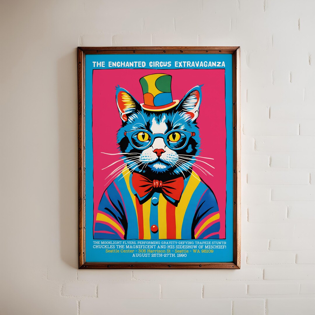 1990 Cat Circus Poster Print, Retro Cat Pop Art Wall Decor, Circus Show ...