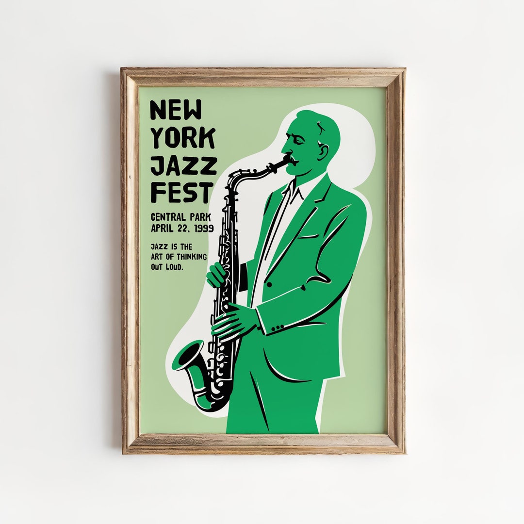 New York Jazz Fest Poster - Central Park 1999 - Retro Saxophone Player Art Print - Music ...