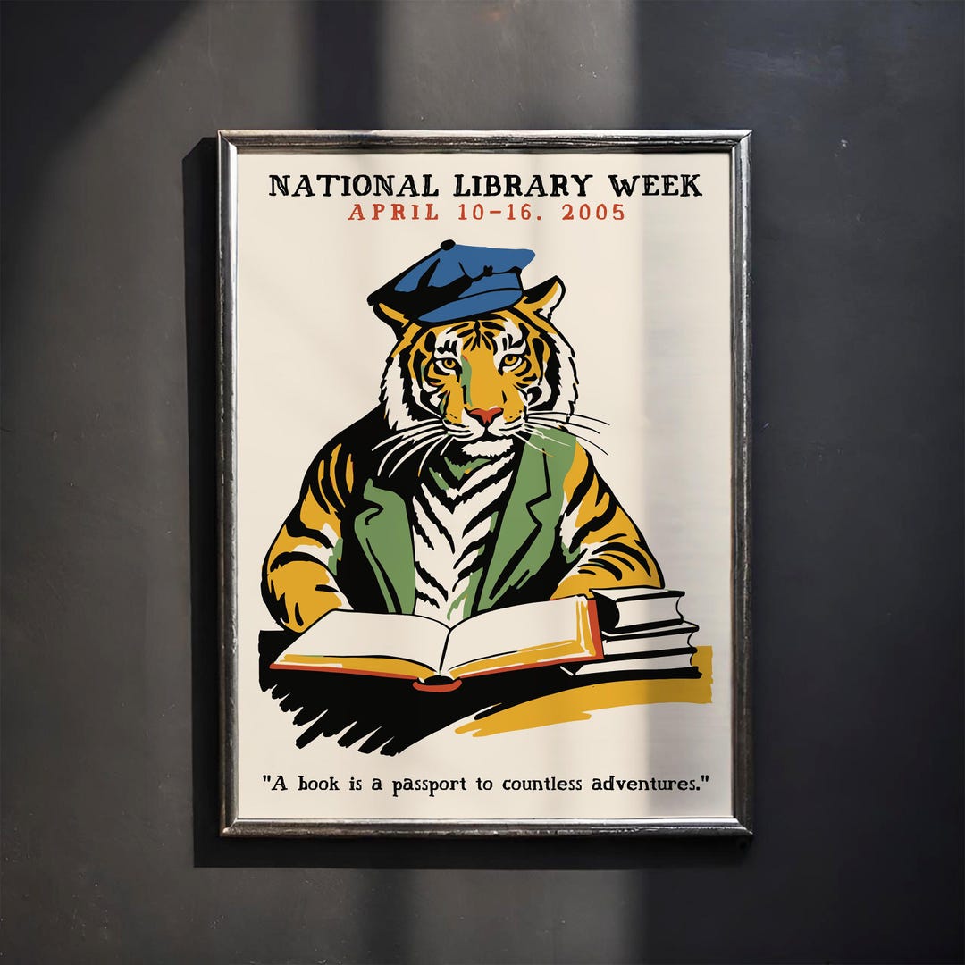 National Library Week Poster 1998 | Retro Tiger Reading Print ...