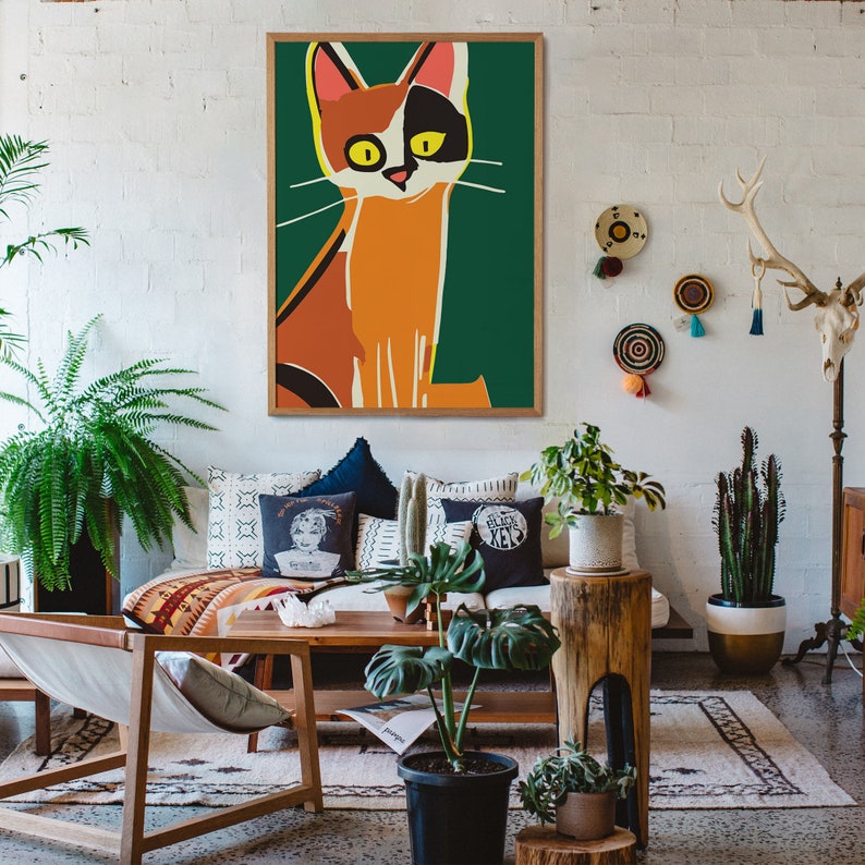 Illustrated Cat Poster Mid Century Modern Cat Art Print - Etsy