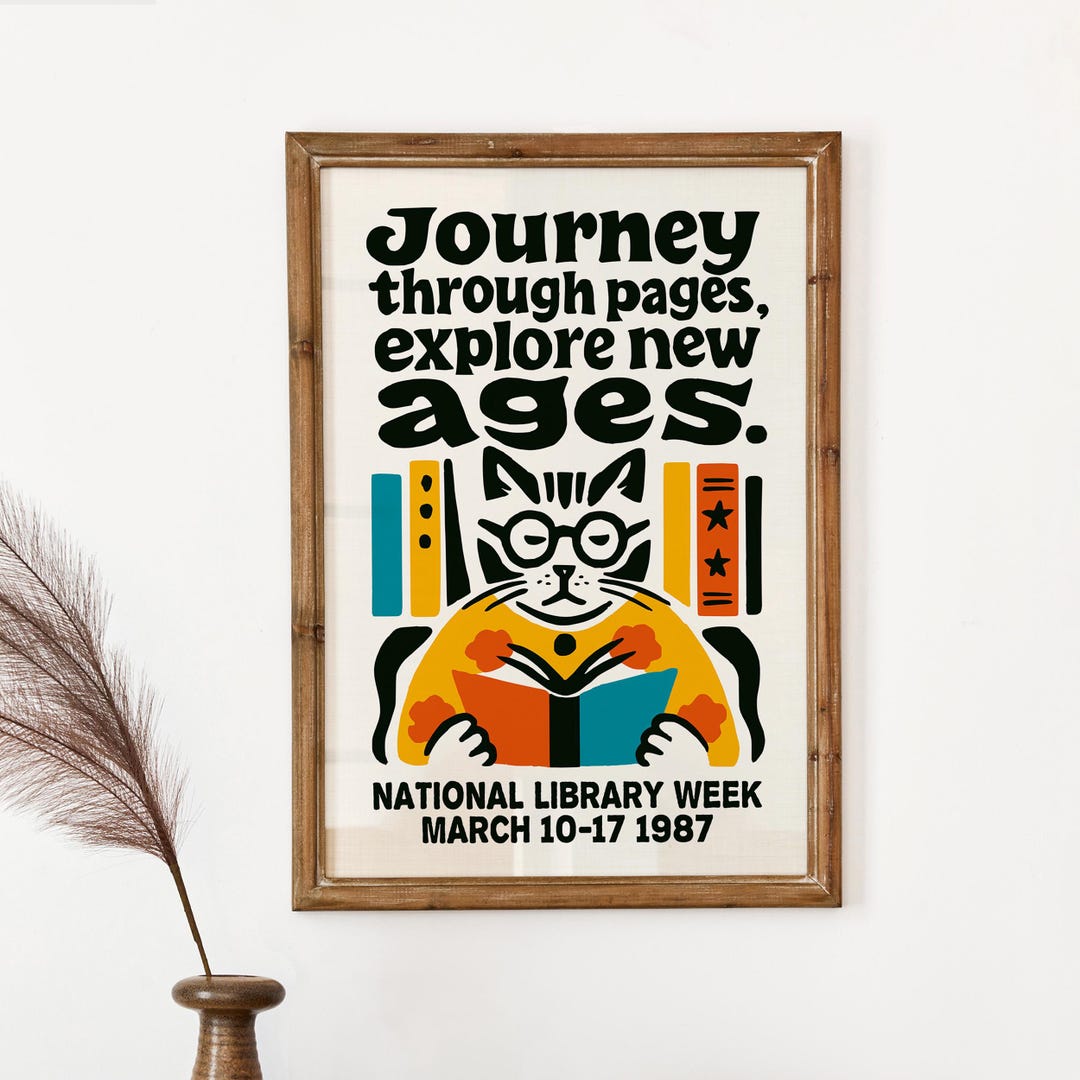 National Library Week 1987 Poster | Cat Reading Book | Retro Literary ...