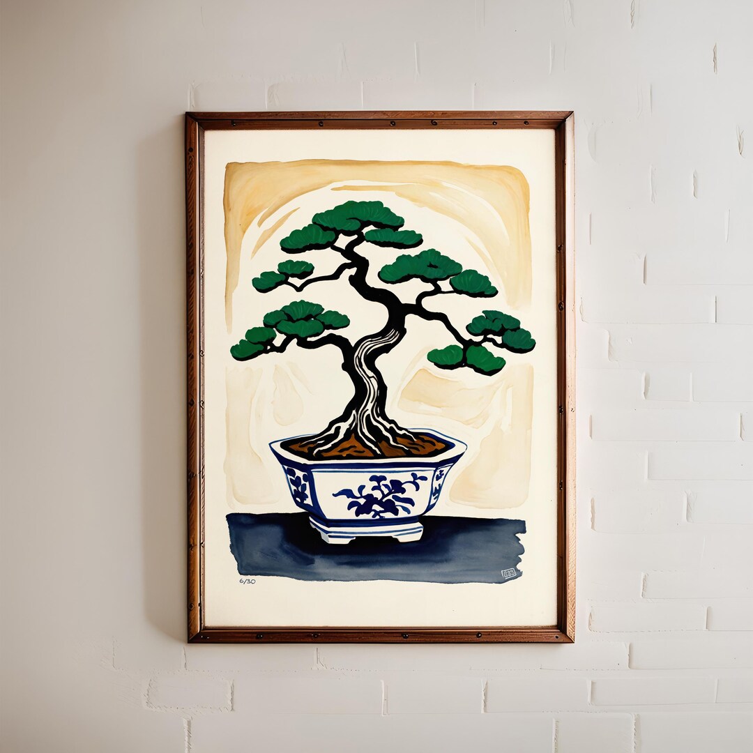 Zen Bonsai Tree Watercolor Print - Japanese Art Numbered Poster - Blue ...