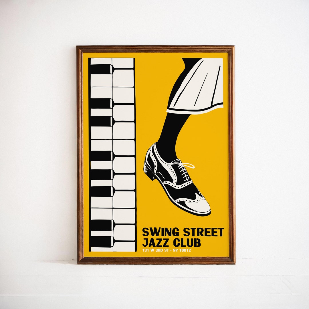 Swing Street Jazz Club Poster - Retro Jazz Music Art Print - Black and ...