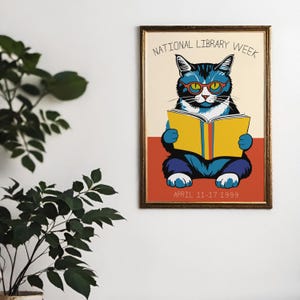 National Library Week 1999 Poster With Reading Cat | Retro Cat Art ...