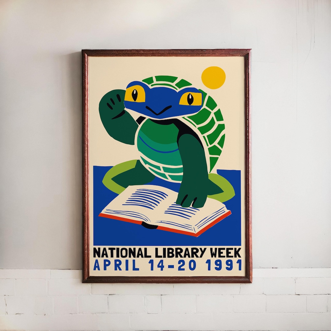 National Library Week Poster 1991 - Retro Turtle Reading Design ...