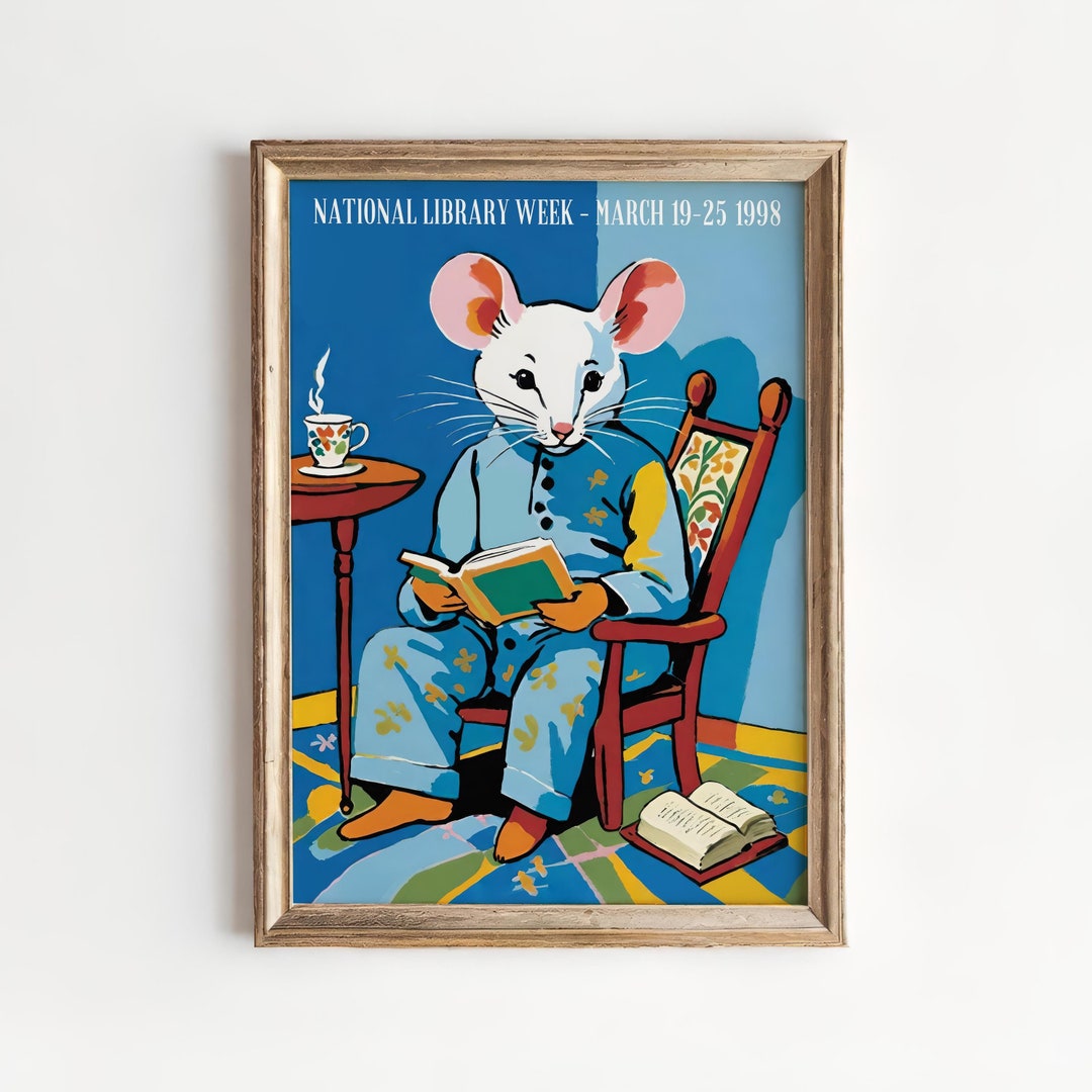 National Library Week 1998 Poster - Whimsical Mouse Reading ...