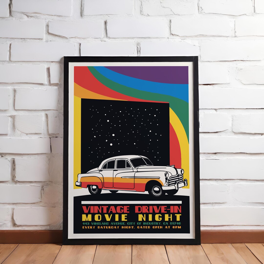 Drive-in Movie Night Poster | Retro Car Wall Art | 1950s Nostalgia ...