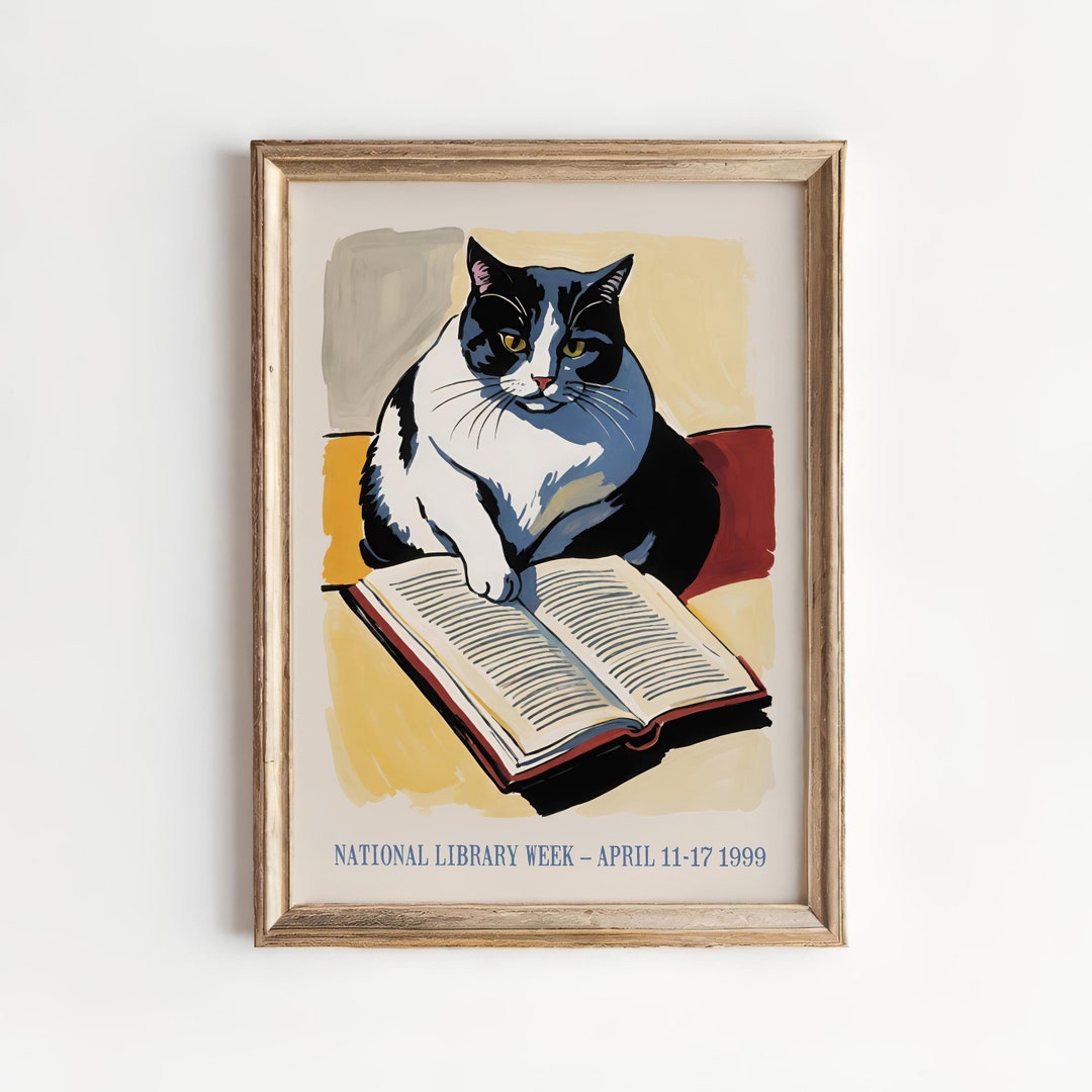 National Library Week Cat Poster 1999 | Retro Reading Kitty Art Print ...