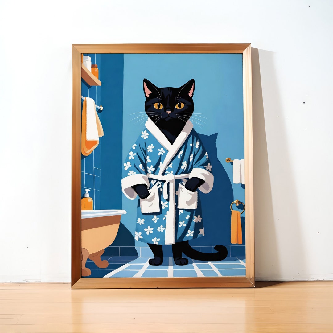 Whimsical Black Cat in Bathrobe, Blue Bathroom Wall Art, Feline Art ...