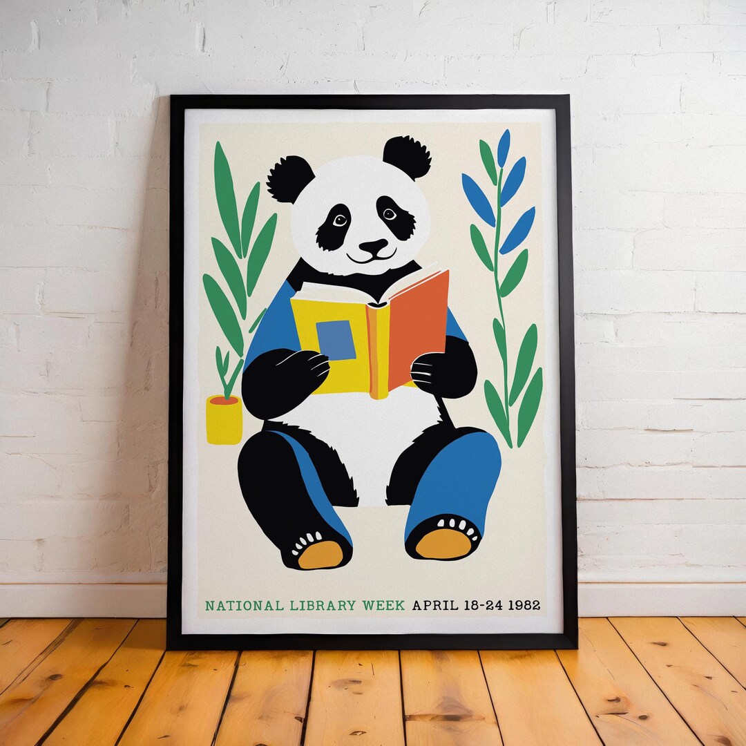 National Library Week Poster 1982 | Retro Reading Panda Bear Wall Art ...