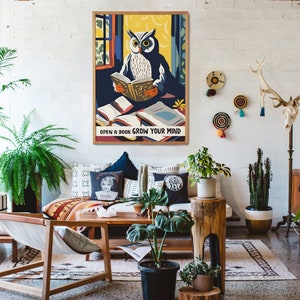 Reading Quote Poster Open a Book Grow Your Mind Owl Giclee Linocut Art ...