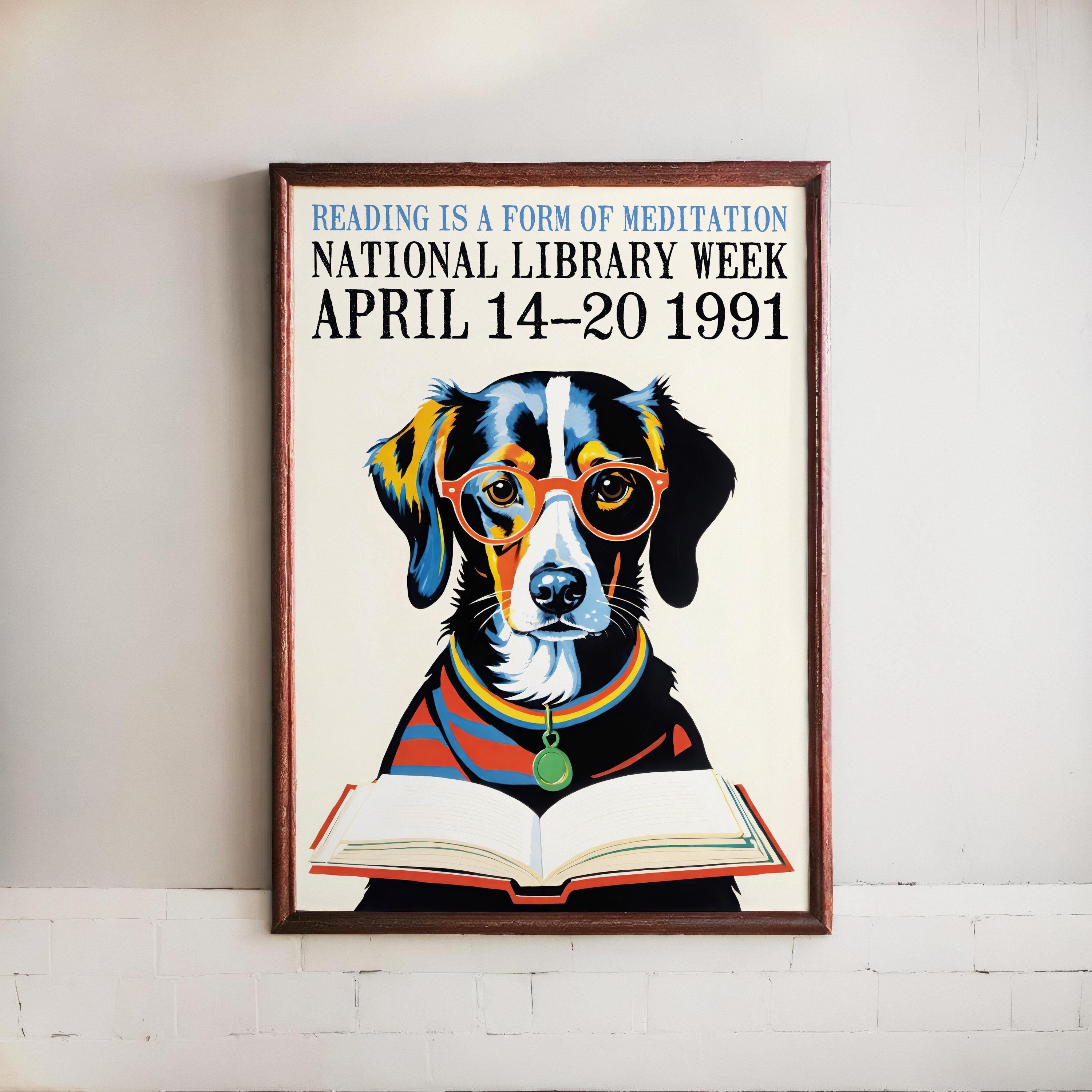 Retro Dog Reading Poster: 1991 National Library Week Art Print - Etsy