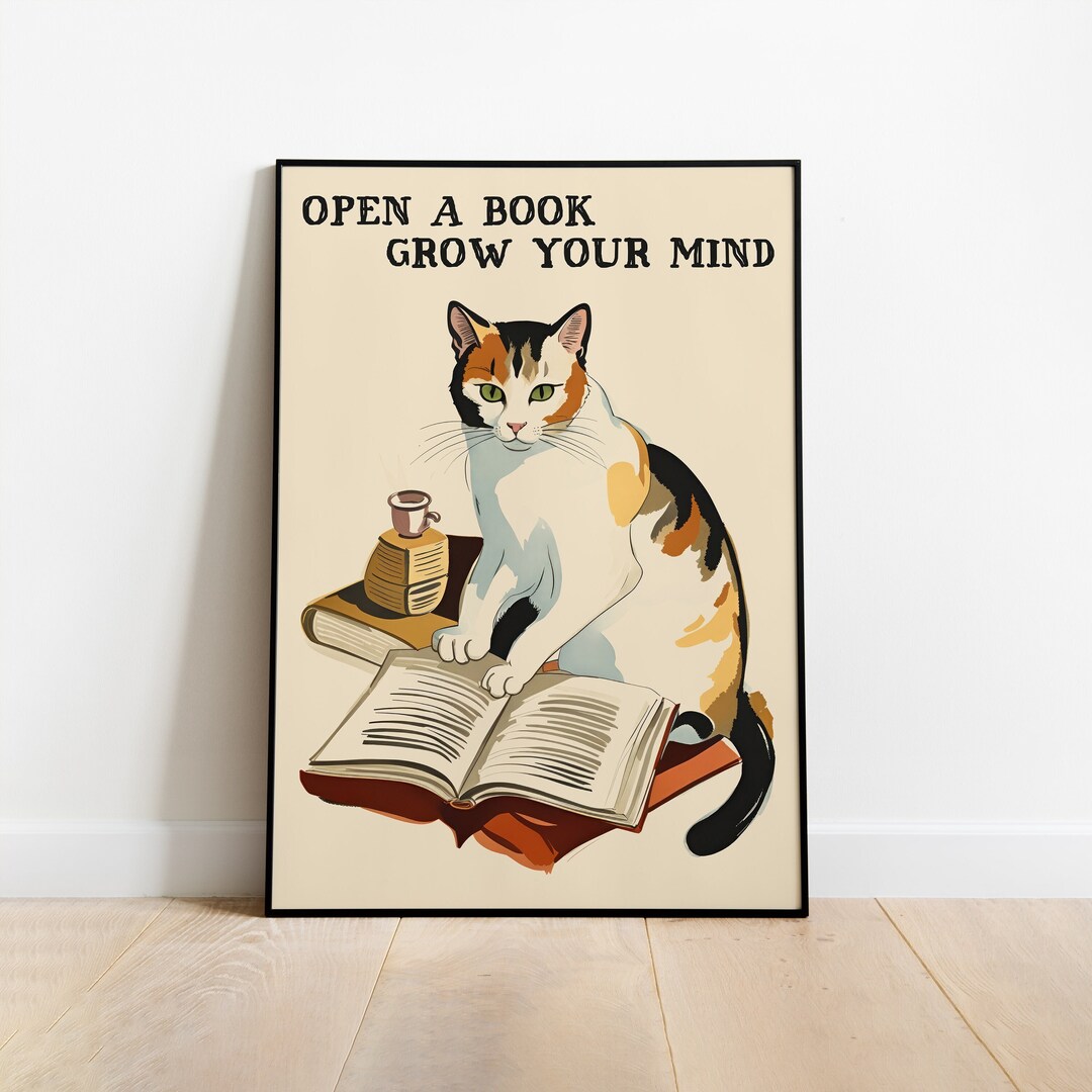 BOOK READING POSTER - Calico Cat - Books Quote Giclee Linocut Art Print ...