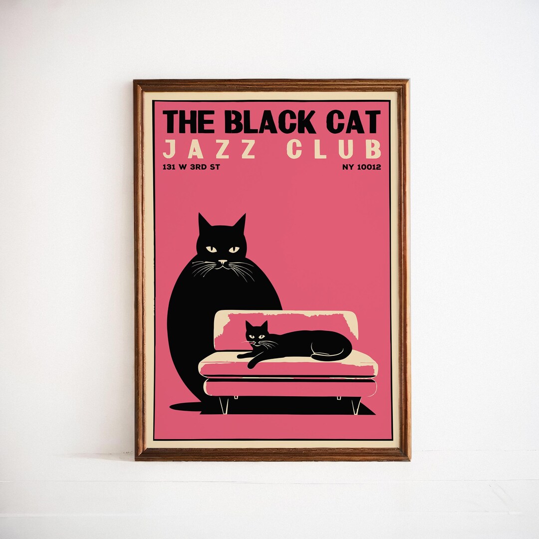 Jazz Club Poster, Black Cat Wall Art, Mid Century Modern Music Room ...