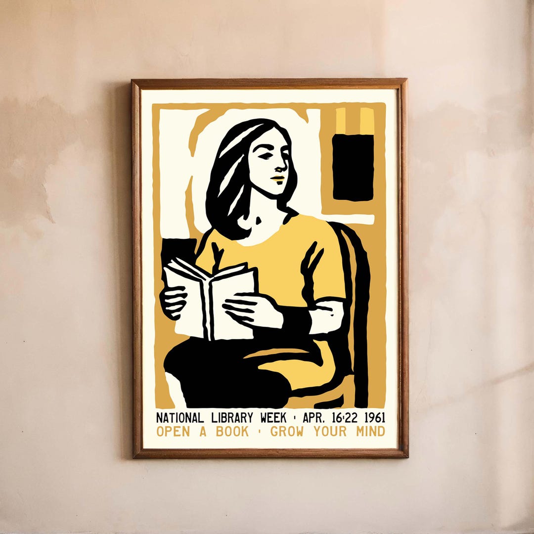 1961 Vintage Library Poster - Retro Reading Artwork for Book Lovers ...